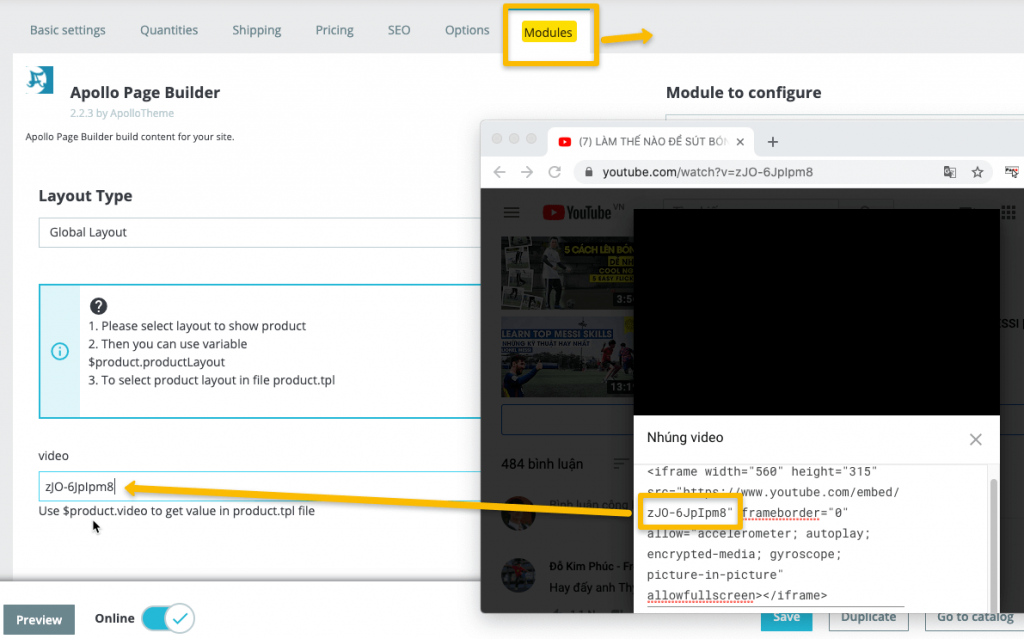 Insert youtube video in Product Page - Ap Page builder Module